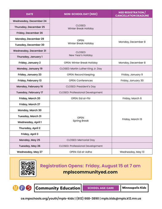 Minneapolis Public Schools - Minneapolis Kids Non-School Day Schedule ...