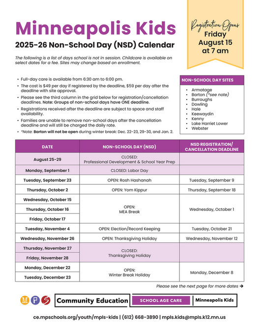 Minneapolis Public Schools - Minneapolis Kids Non-School Day Schedule ...